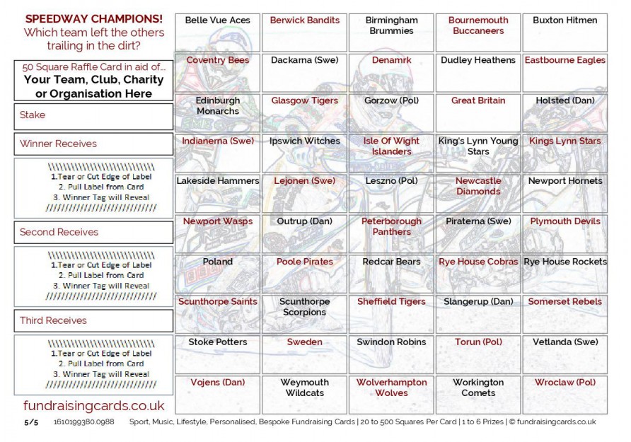 `Speedway Champions` Motor Racing Fundraising Scratch Cards / Raffle ...