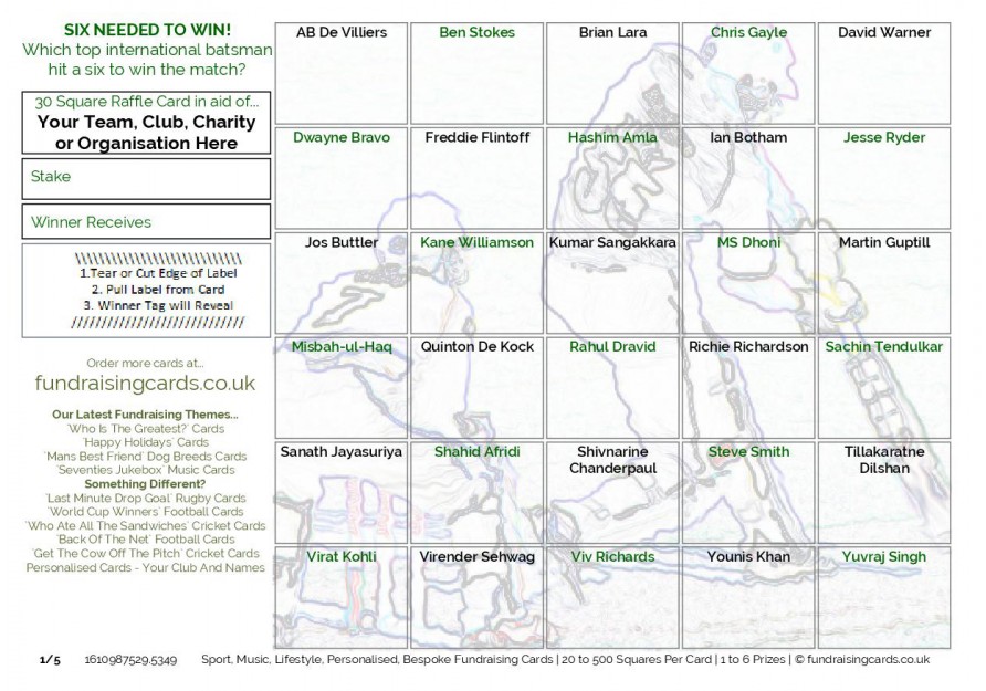 `Six To Win` Cricket Fundraising Scratch Cards / Raffle Ticket / Draw Cards