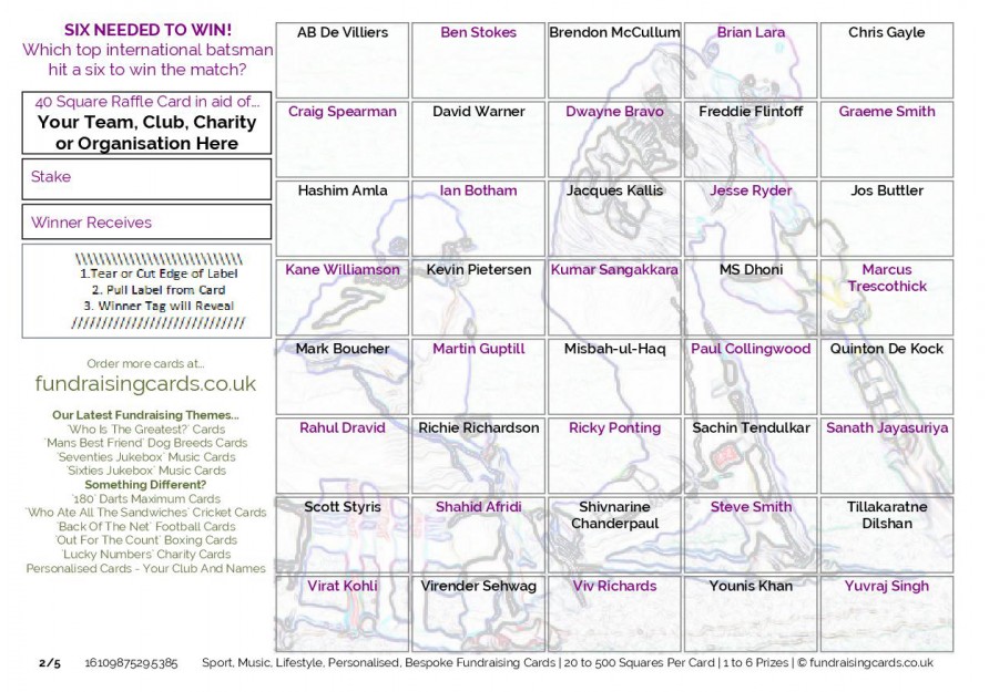 `Six To Win` Cricket Fundraising Scratch Cards / Raffle Ticket / Draw Cards