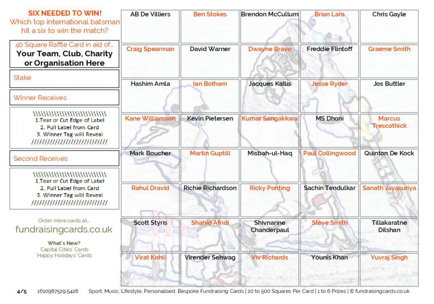 `Six To Win` Cricket Fundraising Scratch Cards / Raffle Ticket / Draw Cards