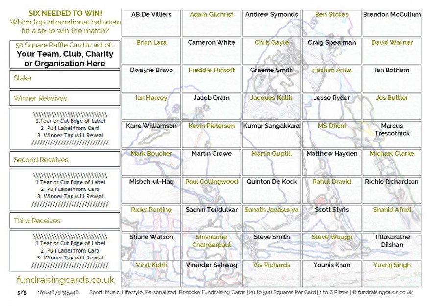 `Six To Win` Cricket Fundraising Scratch Cards / Raffle Ticket / Draw Cards