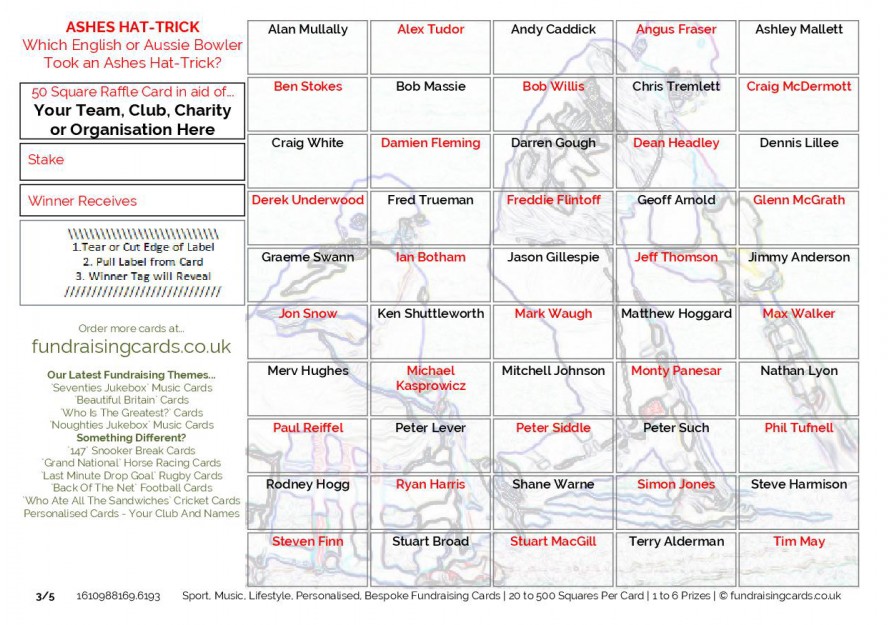 `Ashes Hat-Trick` Cricket Fundraising Scratch Cards / Raffle Ticket ...
