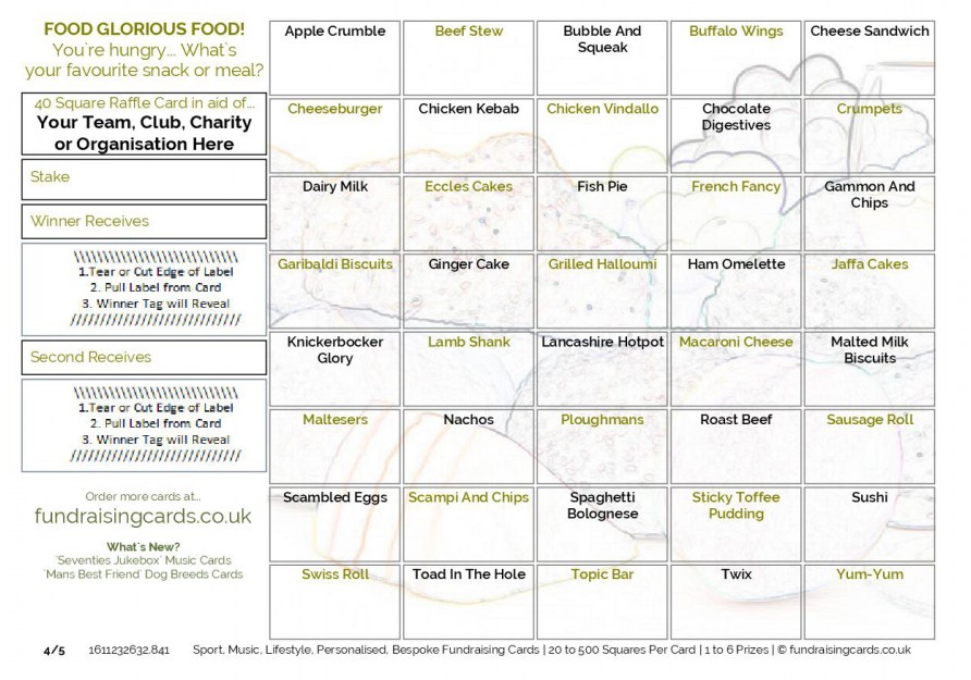 `Food Glorious Food` Fundraising Scratch Cards / Raffle Ticket / Draw Cards