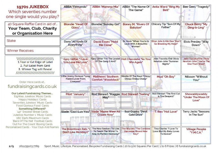 `Seventies Jukebox` Music Fundraising Scratch Cards / Raffle Ticket ...