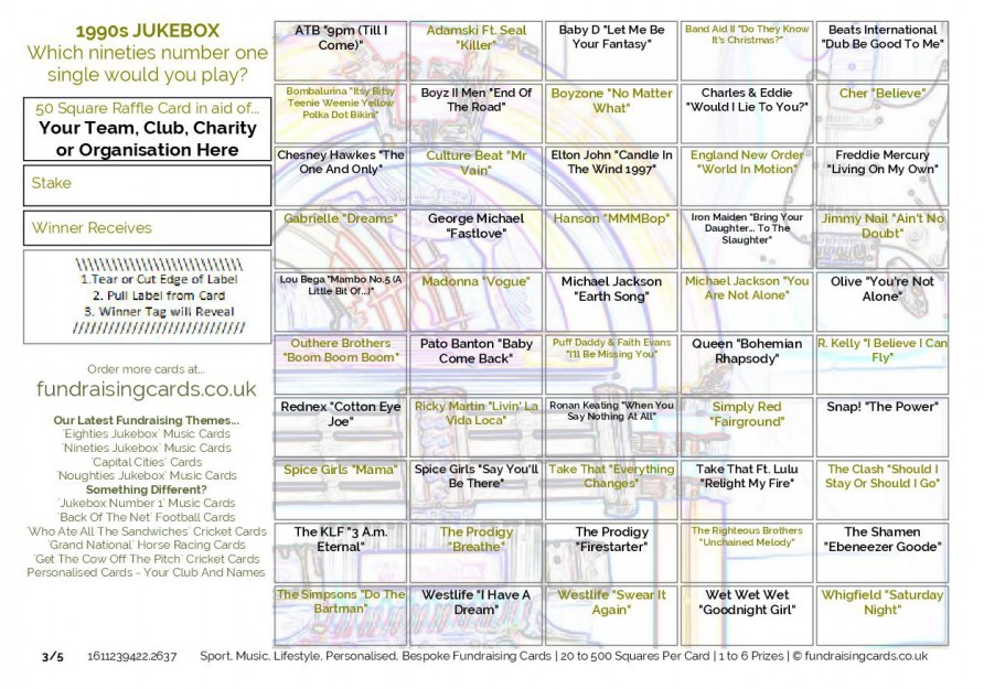 `Nineties Jukebox` Music Fundraising Scratch Cards / Raffle Ticket ...