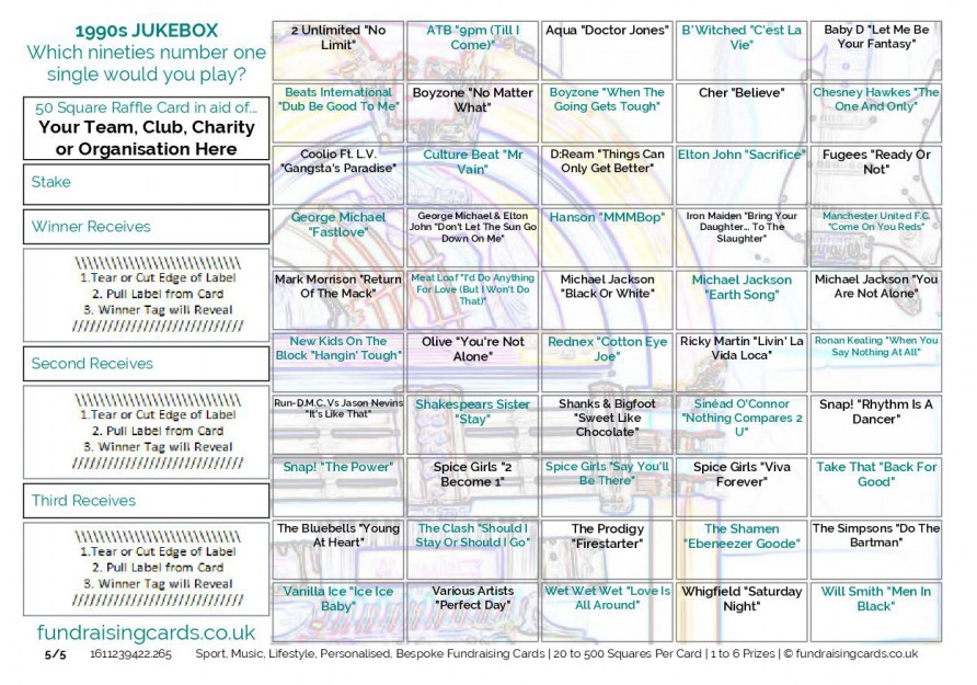 `Nineties Jukebox` Music Fundraising Scratch Cards / Raffle Ticket ...