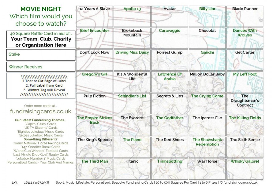 A5 `Movie Night` Fundraising Scratch Cards / Raffle Ticket / Draw Cards