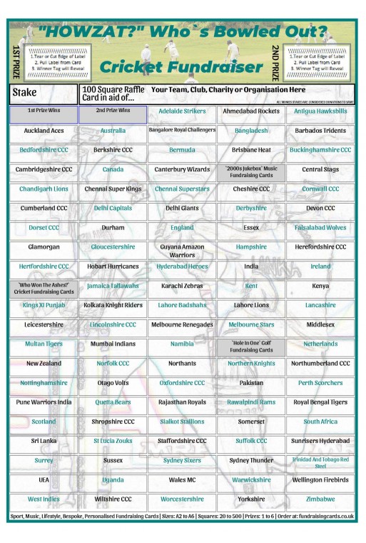 A4 `Howzat` 100 Square Cricket Fundraising Scratch Card / Raffle / Draw ...