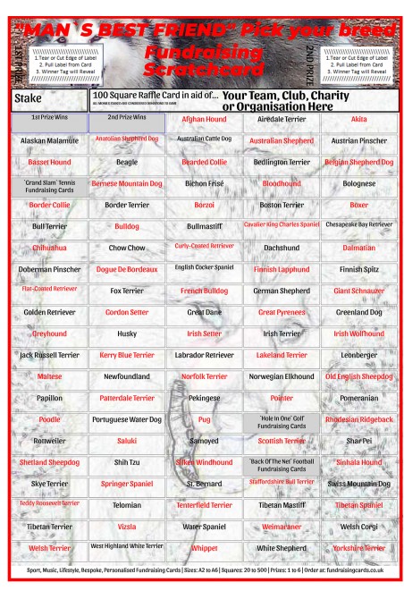 A4 `Man's Best Friend` 100 Square Dogs Fundraising Scratch Card ...
