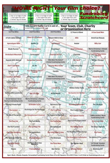 A4 `Movie Night` 100 Square Fundraising Scratch Card / Raffle / Draw Ticket