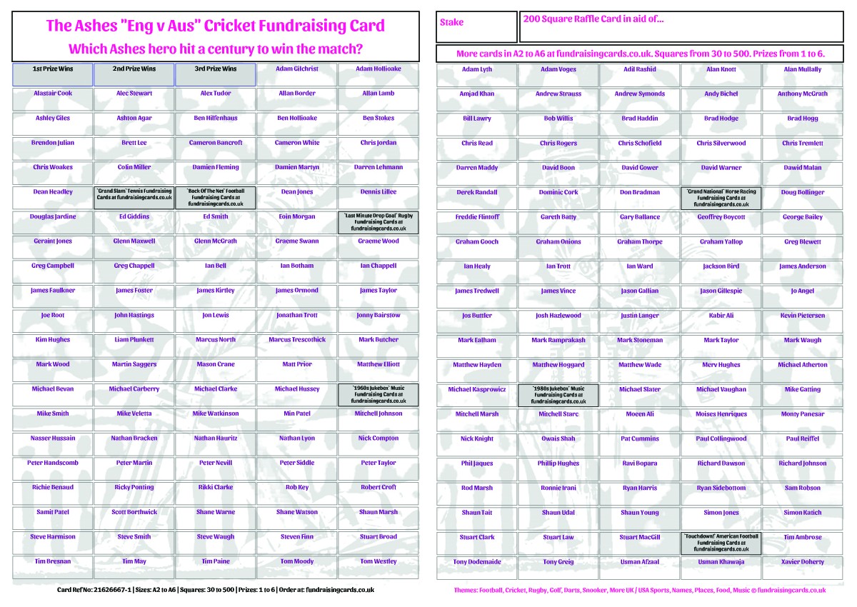 `Ashes Century` Cricket Fundraising Raffle Ticket / Draw / Scratch Card